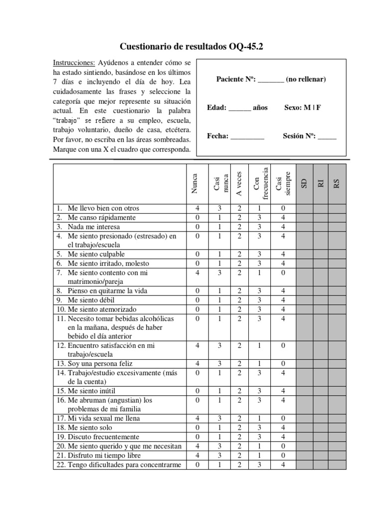 Cuestionario de Resultados OQ 45.2 | PDF | Ocio | Violencia