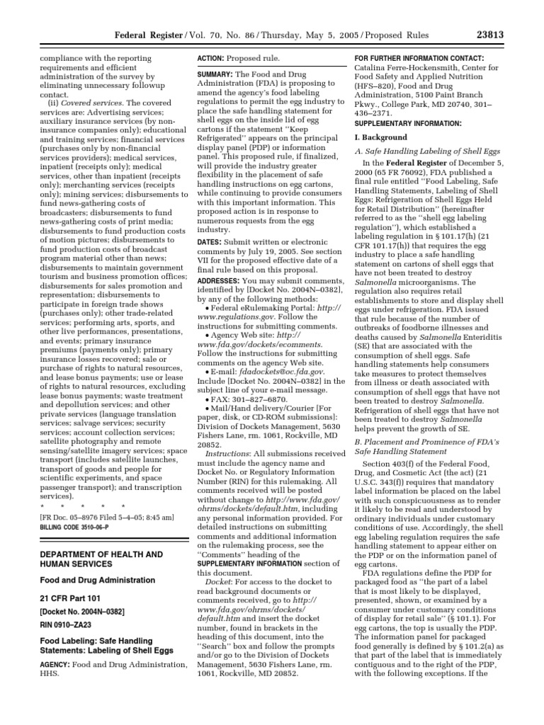 Proposed Rule: Food For Human Consumption: Food Labeling— Shell Eggs ...