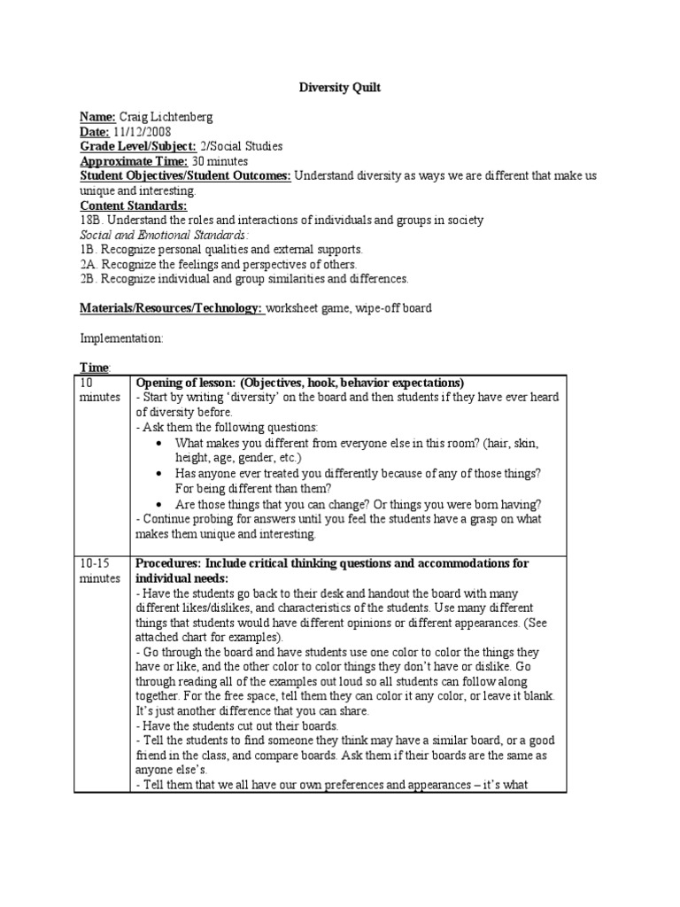 Creating a Diversity Quilt in Class | PDF | Lesson Plan | Sexism