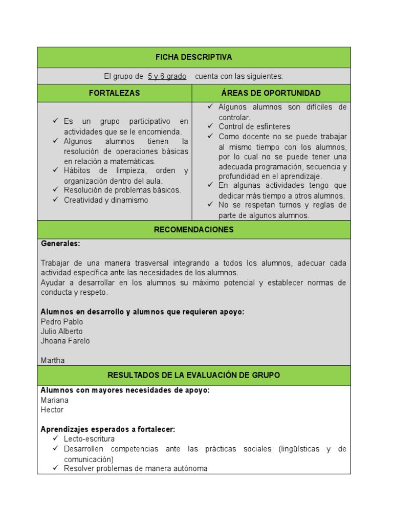 Ficha Descriptiva Del Alumno Para Preescolar Primaria Y