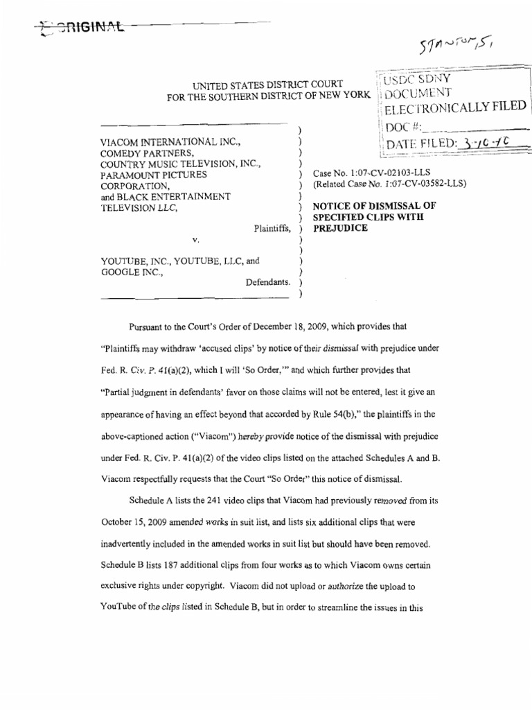 Viacom V Youtube Clip Dismissal | PDF