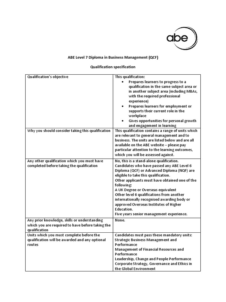 ABE Level 7 Diploma in Business Management2 | PDF | Educational ...