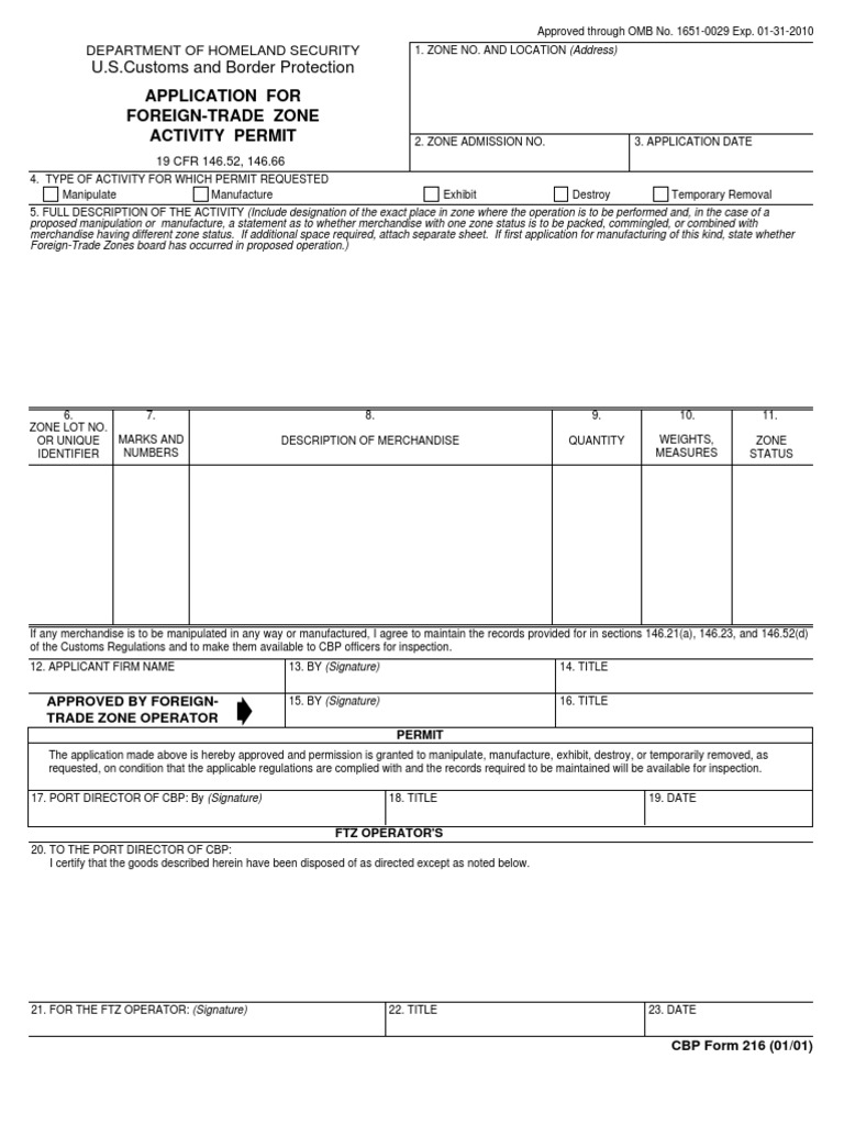 CBP Form 216: FTZ Activity Permit | PDF | U.S. Customs And Border ...