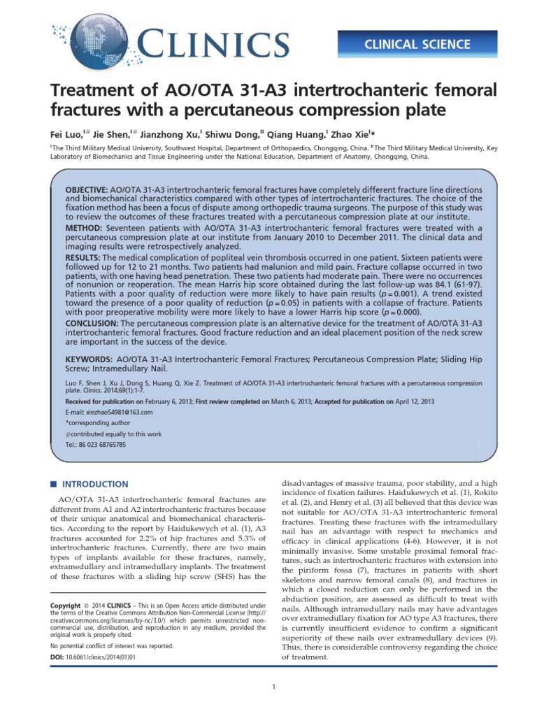 Treatment of AO/OTA 31-A3 Intertrochanteric Femoral Fractures With A ...