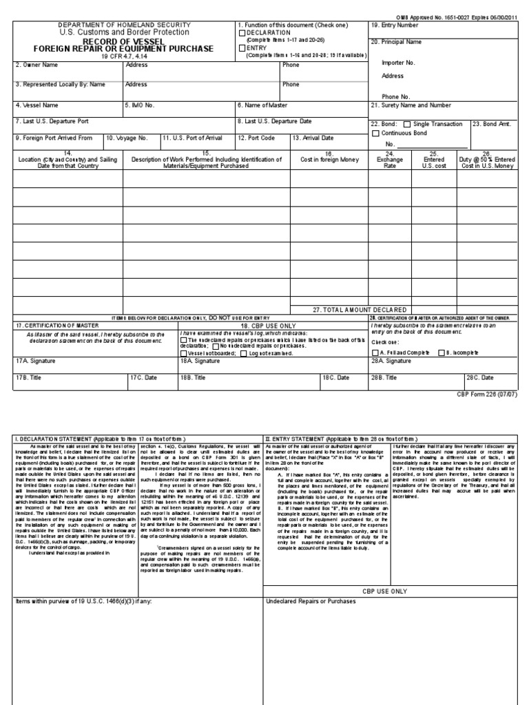 U.S. Customs Form: CBP Form 226 - Record of Vessel Foreign Repair or ...