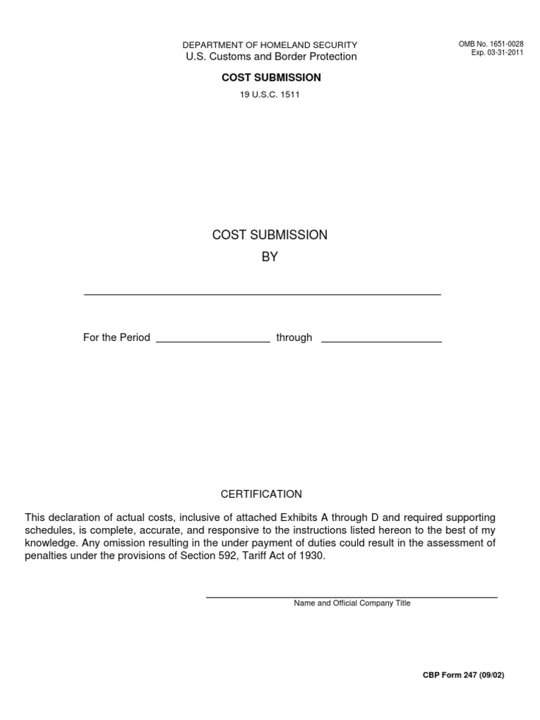 U.S. Customs Form: CBP Form 247 - Cost Submission | PDF | U.S. Customs ...