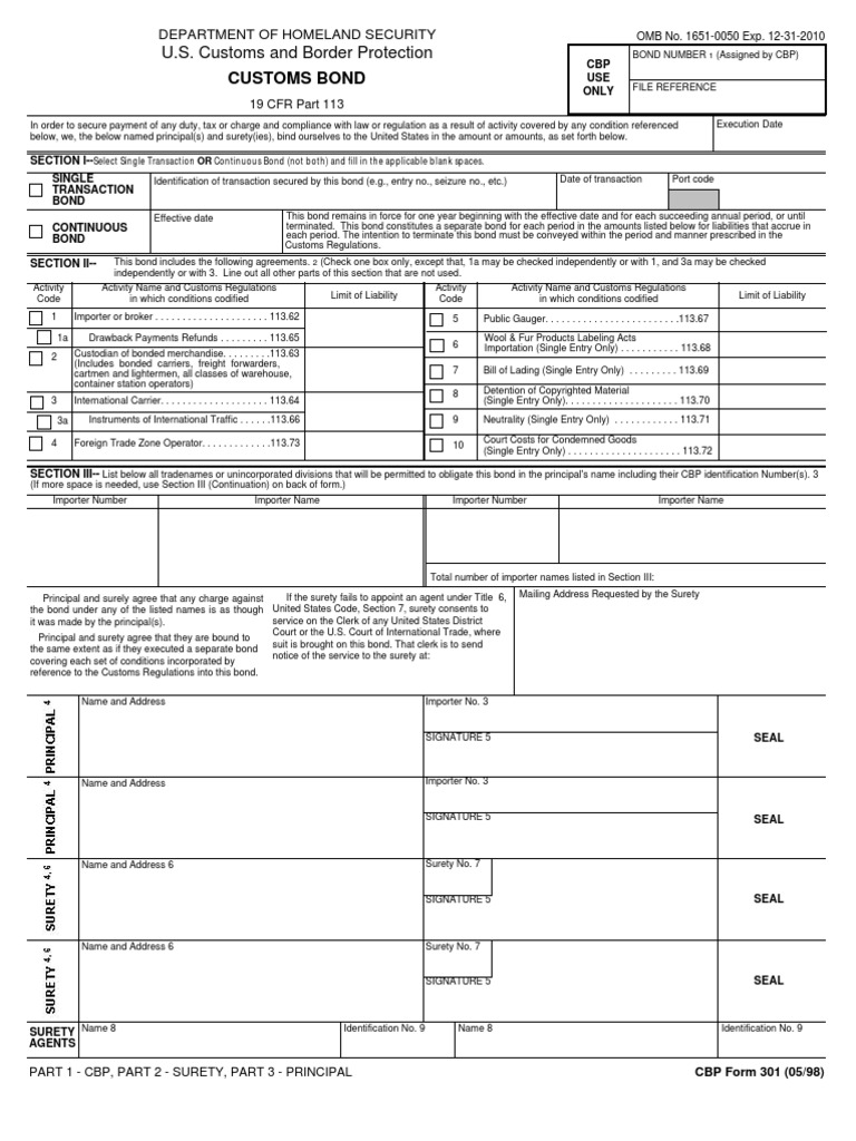 U.S. Customs Form: CBP Form 301 - Customs Bond | PDF | U.S. Customs And ...