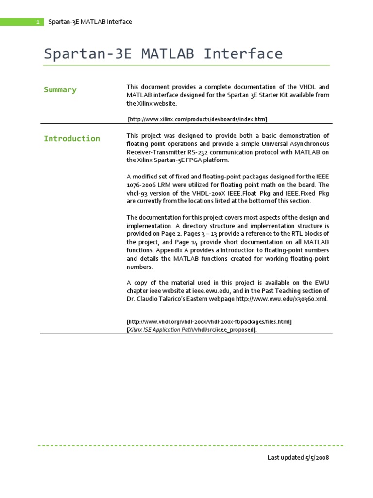 Spartan-3E MATLAB Interface Documentation | PDF | Matrix (Mathematics ...