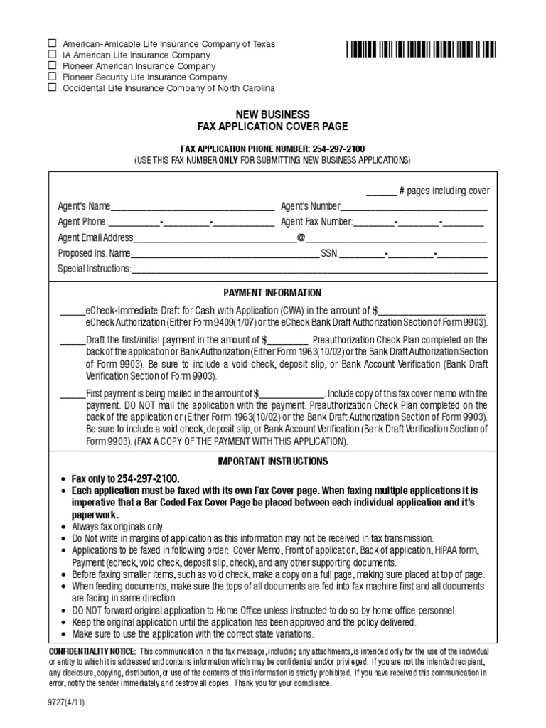 Instructions for Submitting New Life Insurance Applications via Fax ...