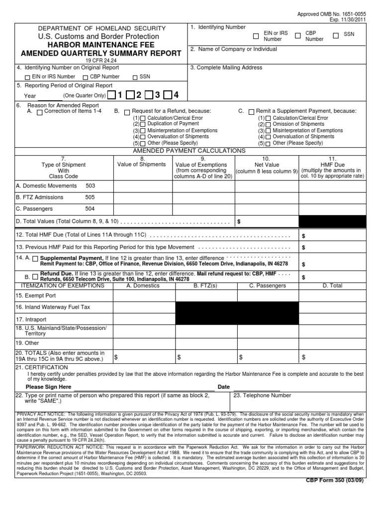 U.S. Customs Form: CBP Form 350 - Harbor Maintenance Fee Amended ...