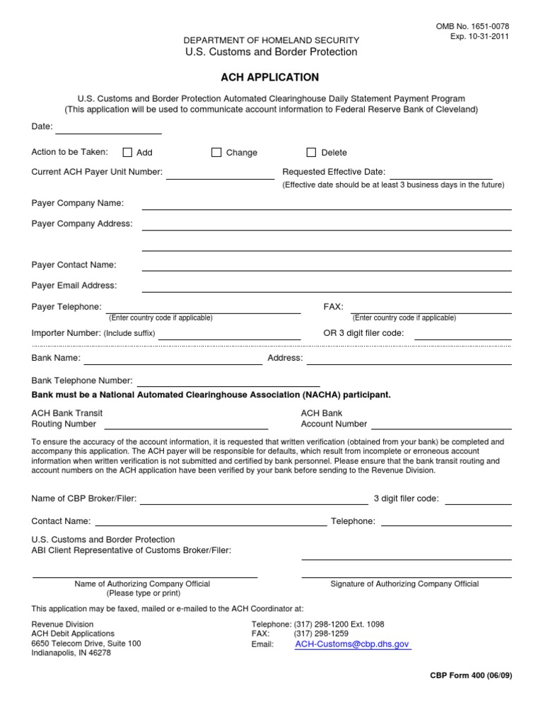 U.S. Customs Form: CBP Form 400 - ACH Application | PDF | U.S. Customs And Border Protection | Fax