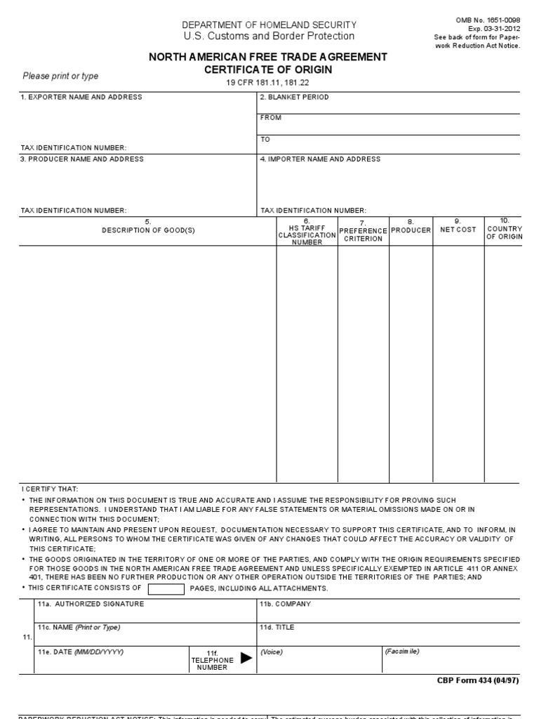 NAFTA Certificate of Origin Template | PDF | U.S. Customs And Border ...