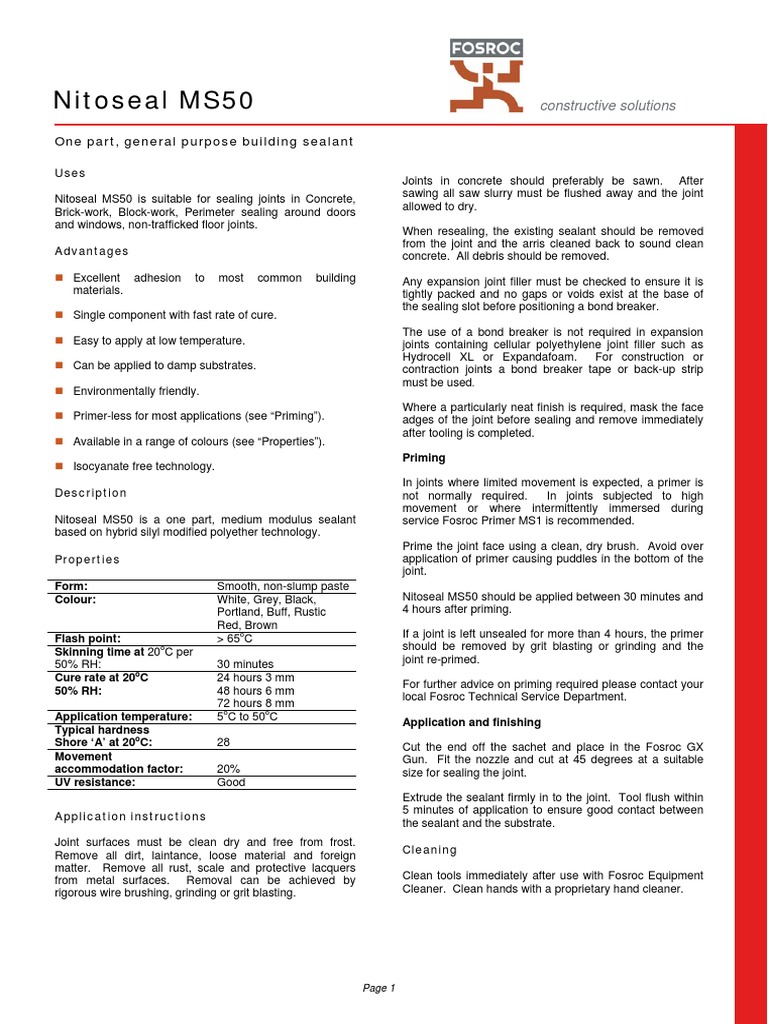 Nitoseal MS50: One Part, General Purpose Building Sealant | PDF ...