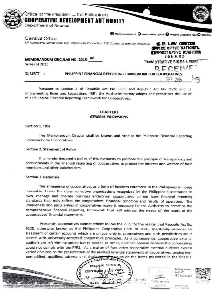 CDA MC 2015-06 Philippine Financial Reporting Framework Cooperatives ...