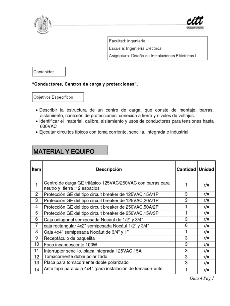 Guia 4 Conductores. Centros de Carga y Protecciones | Corriente eléctrica | Electricidad