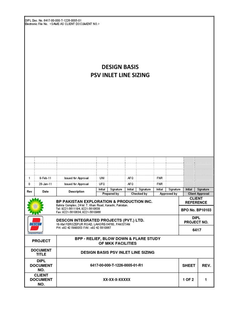 Design Basis For PSV Inlet Line Sizing - Rev 1 | PDF