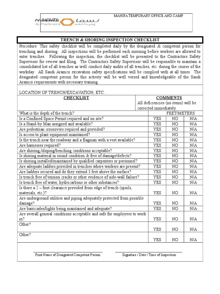 Trench & Shoring Inspection Checklist: Manifa Temporary Office and Camp ...