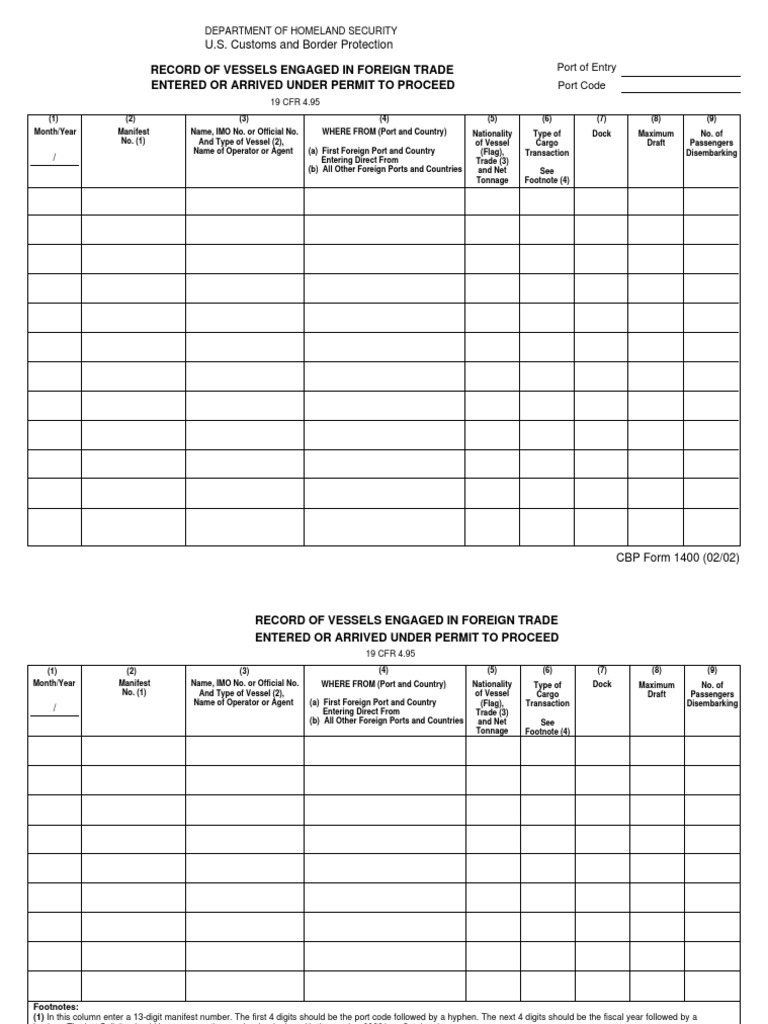 U.S. Customs Form: CBP Form 1400 - Record of Vessels Engaged in Foreign ...