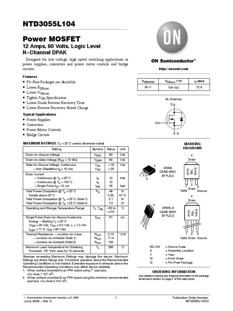 Datasheet Power Mosfet Ntd3055l104 | PDF | Field Effect Transistor ...