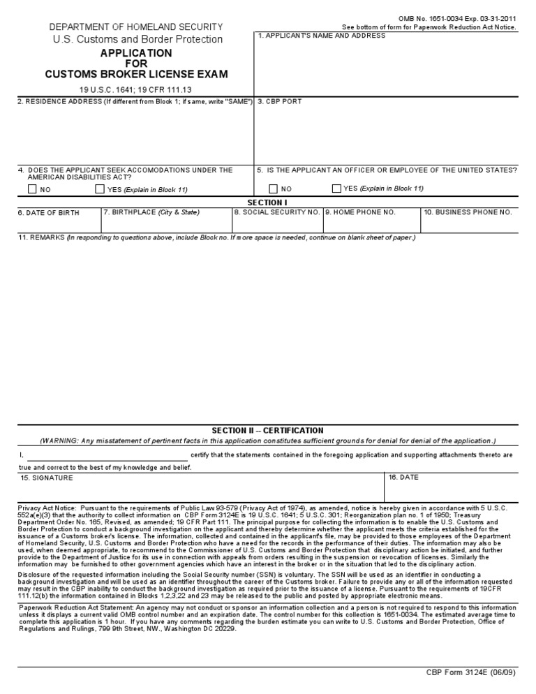 Customs Broker License Application Form | PDF | U.S. Customs And Border ...