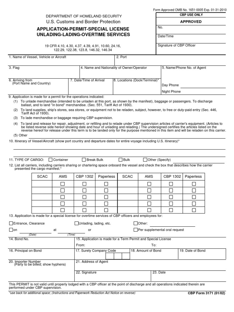 U.S. Customs Form: CBP Form 3171 - Application-Permit-Special License ...