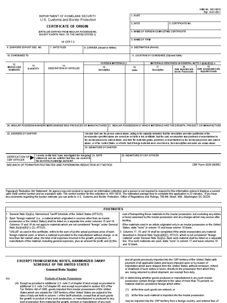 U.S. Customs Form: CBP Form 3229 - Certificate of Origin | PDF | U.S ...