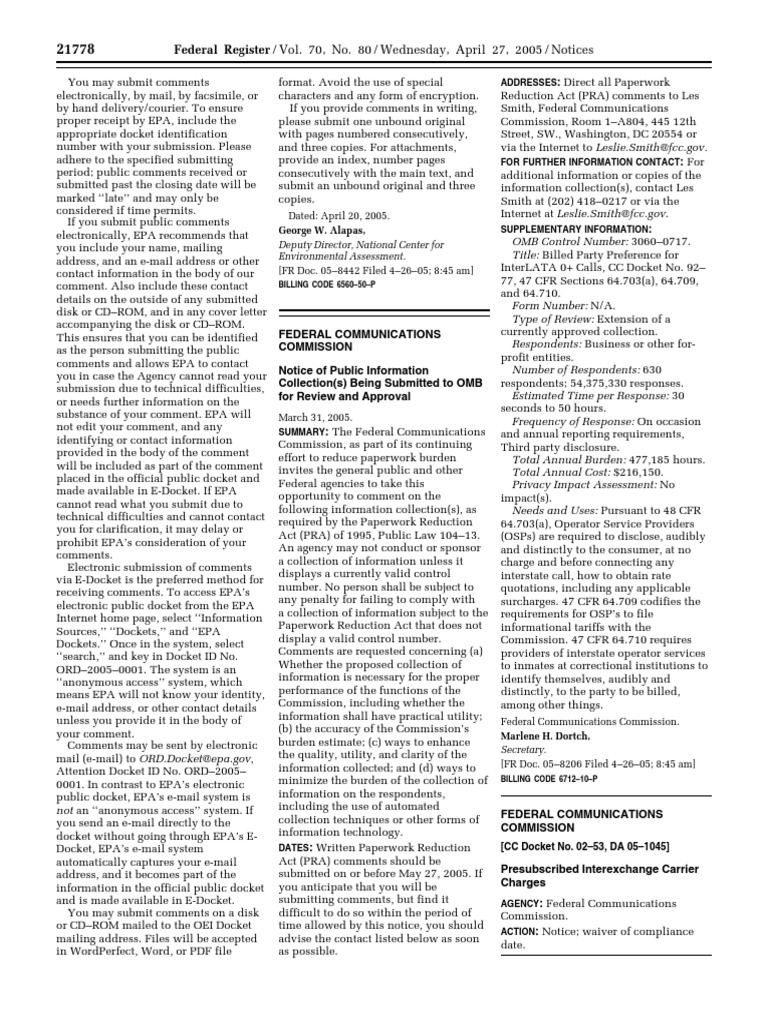 Notice: Common Carrier Services: Access Charges— Presubscribed ...