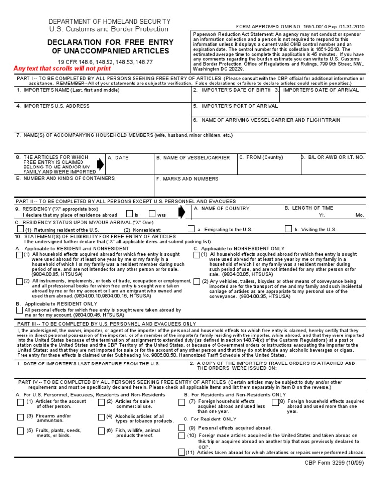 U.S. Customs Form: CBP Form 3299 - Declaration For Free Entry of ...