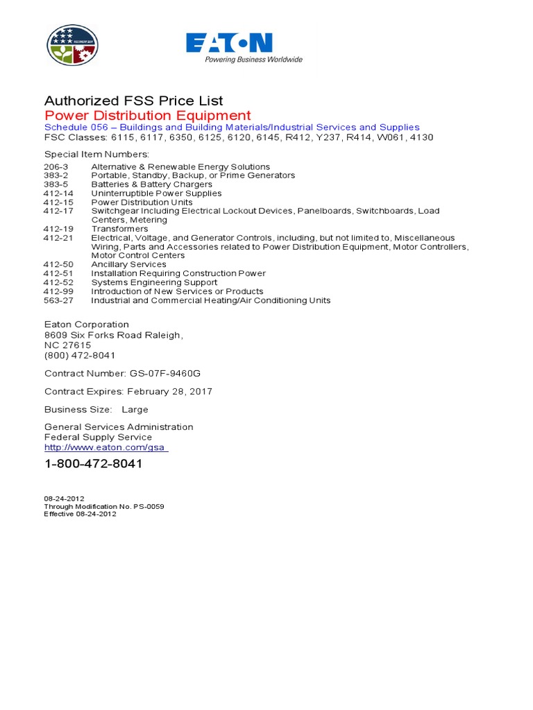 GSA Catalog FSS Price List Power Distribution Equipment GS-07F-9460G ...