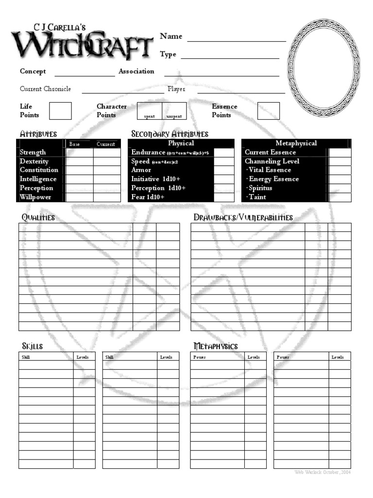 Witchcraft PC Sheet | PDF | Games & Activities