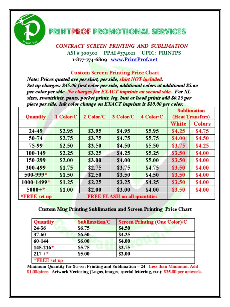 Screen Printing Price Chart | PDF
