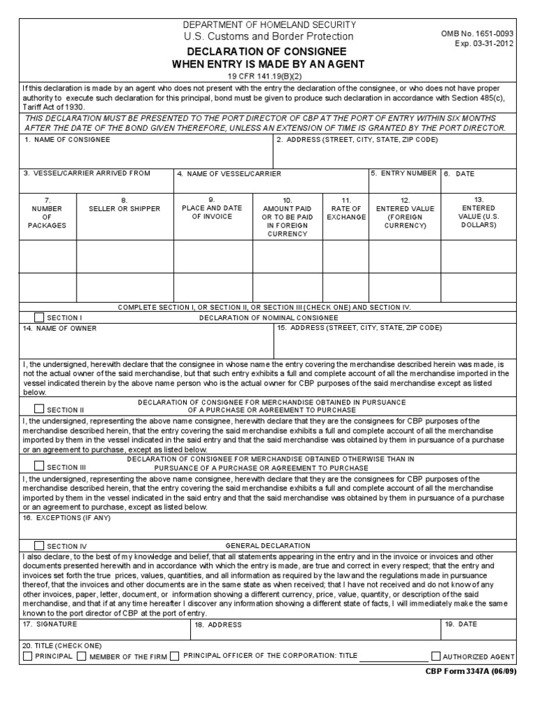 U.S. Customs Form: CBP Form 3347A - Declaration of Consignee When Entry ...