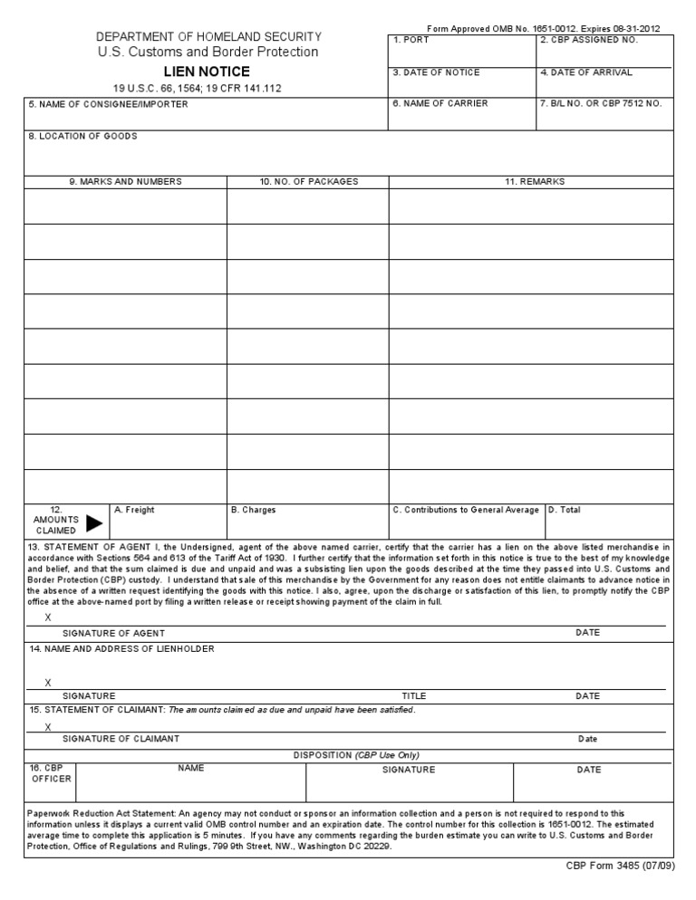 Customs Lien Notice Form 3485 | PDF | U.S. Customs And Border ...