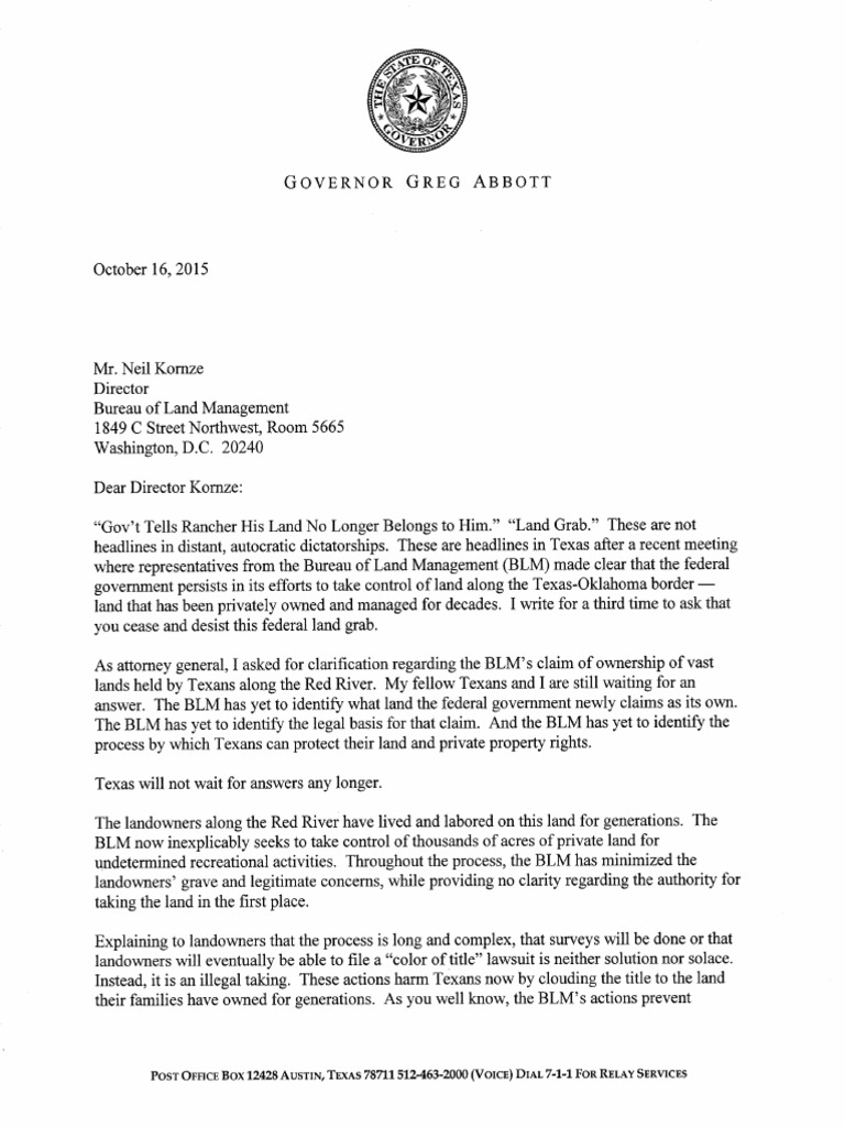 Texas Governor Greg Abbott's Letter To BLM Director Kornz | PDF ...