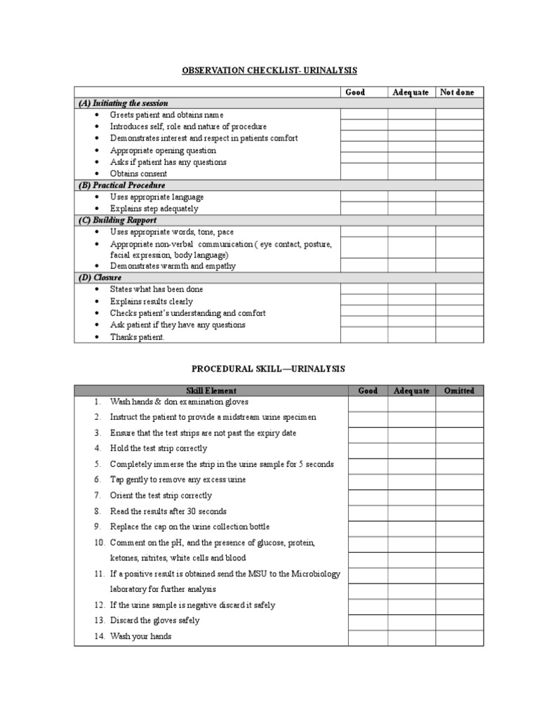 Urinalysis Observation Checklist | PDF