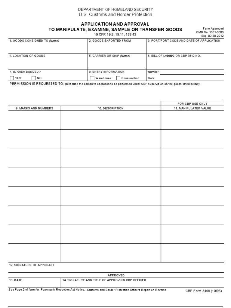 U.S. Customs Form: CBP Form 3499 - Application and Approval to ...