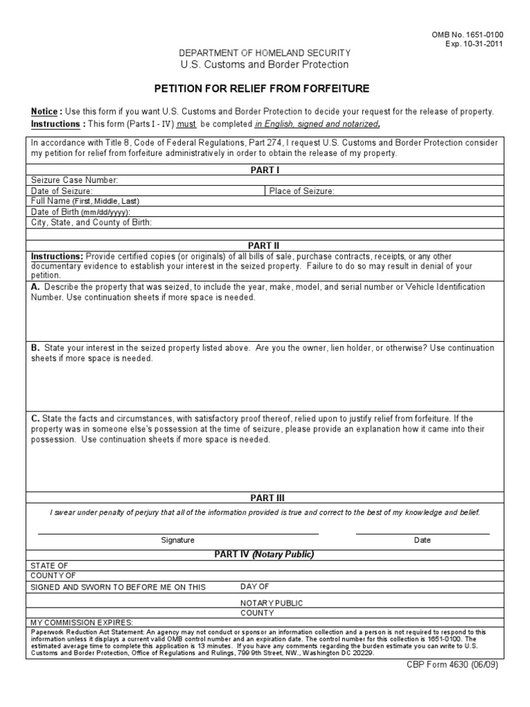 Petition for Relief from Forfeiture | PDF | U.S. Customs And Border ...
