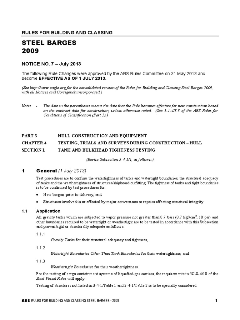 Abs Rules For Building and Classing Steel Barges Abs Rcn7 | PDF | Leak ...