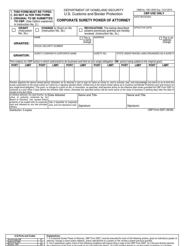 U.S. Customs Form: CBP Form 5297 - Power of Attorney | PDF | Power Of ...