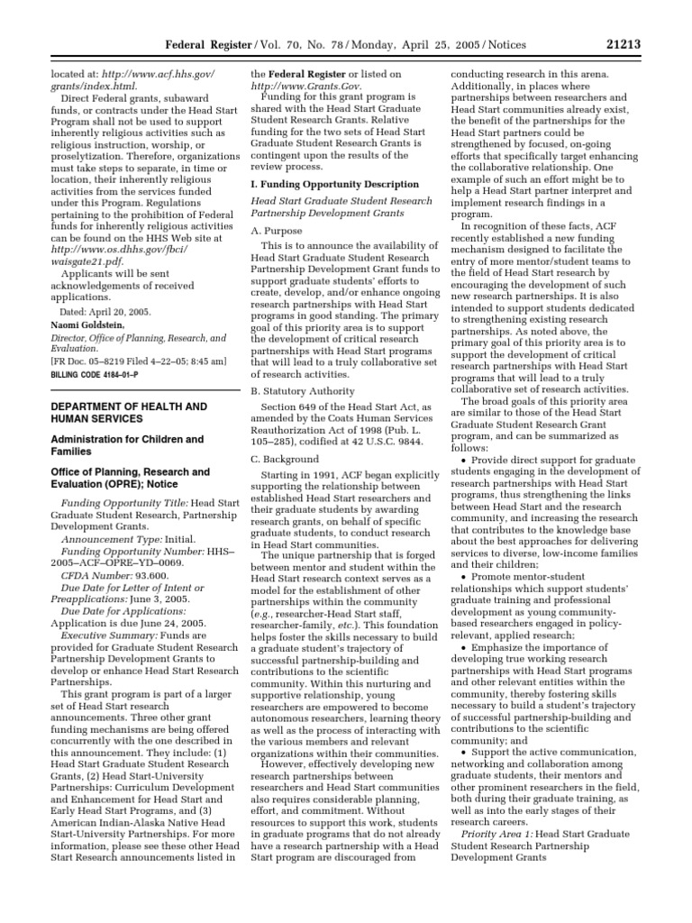 Notice: Grants and Cooperative Agreements Availability, Etc.: Head Start Graduate Student ...