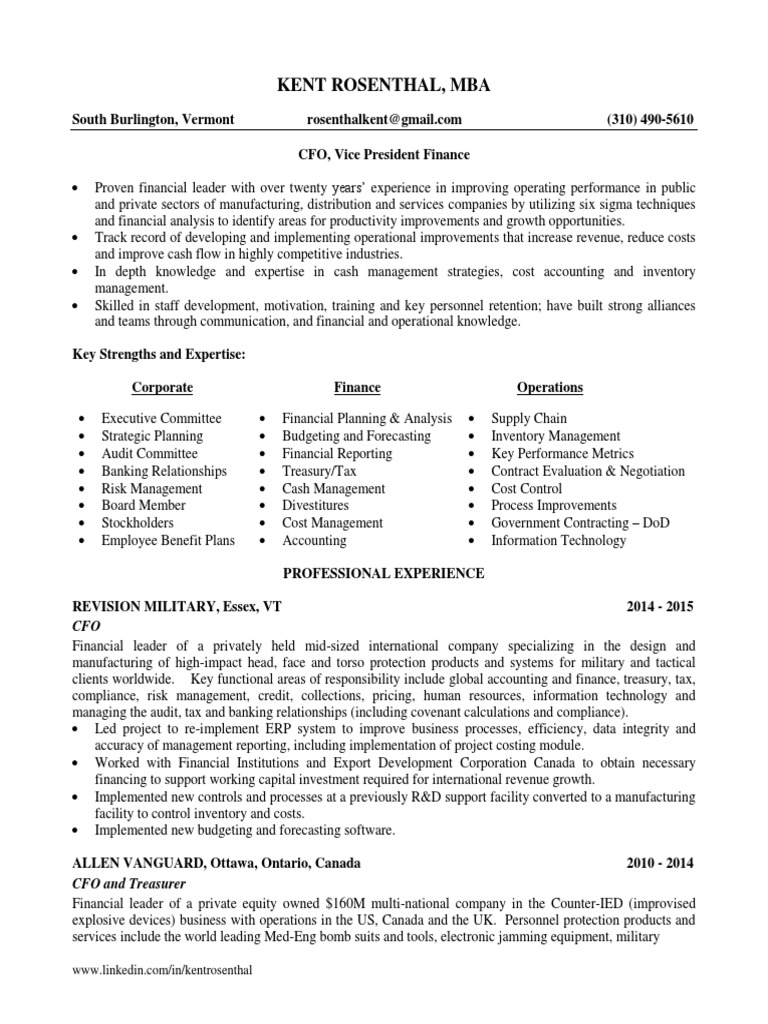 Global Strategic CFO Manufacturing in Burlington VT Resume Kent ...