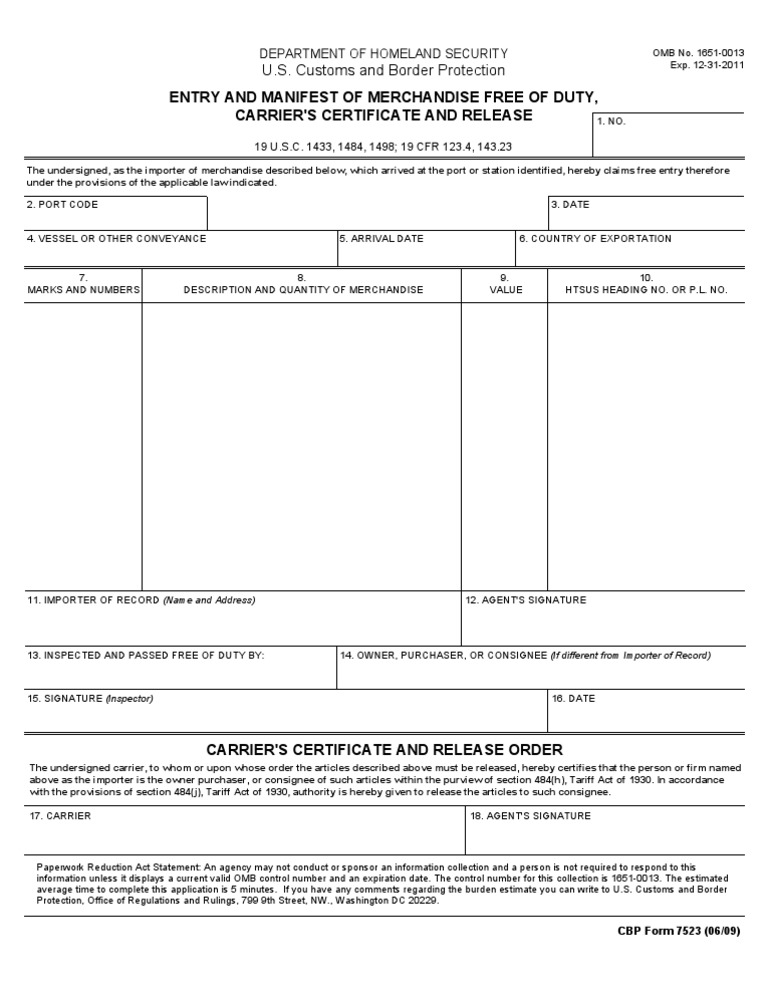 CBP Form 7523: Entry Manifest Guide | PDF