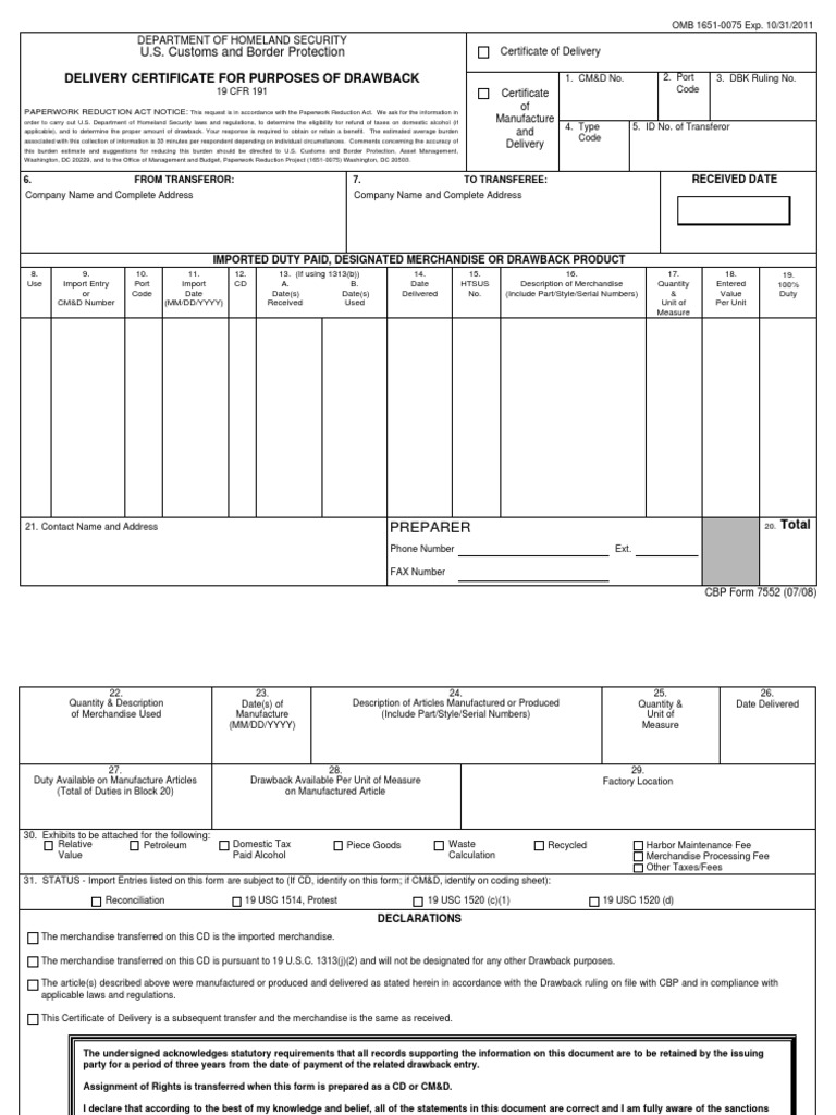 U.S. Customs Form: CBP Form 7552 - Delivery Certificate For Purposes of ...