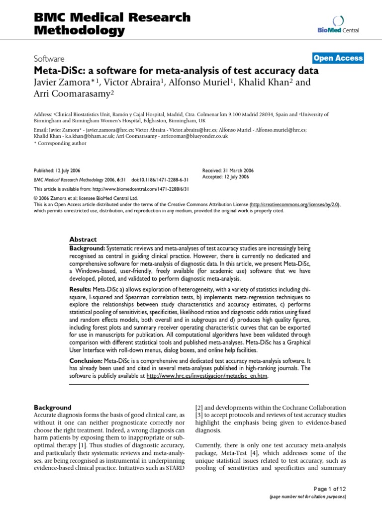 Meta-DiSc A Software For Meta-Analysis of Test Accuracy Data | PDF ...