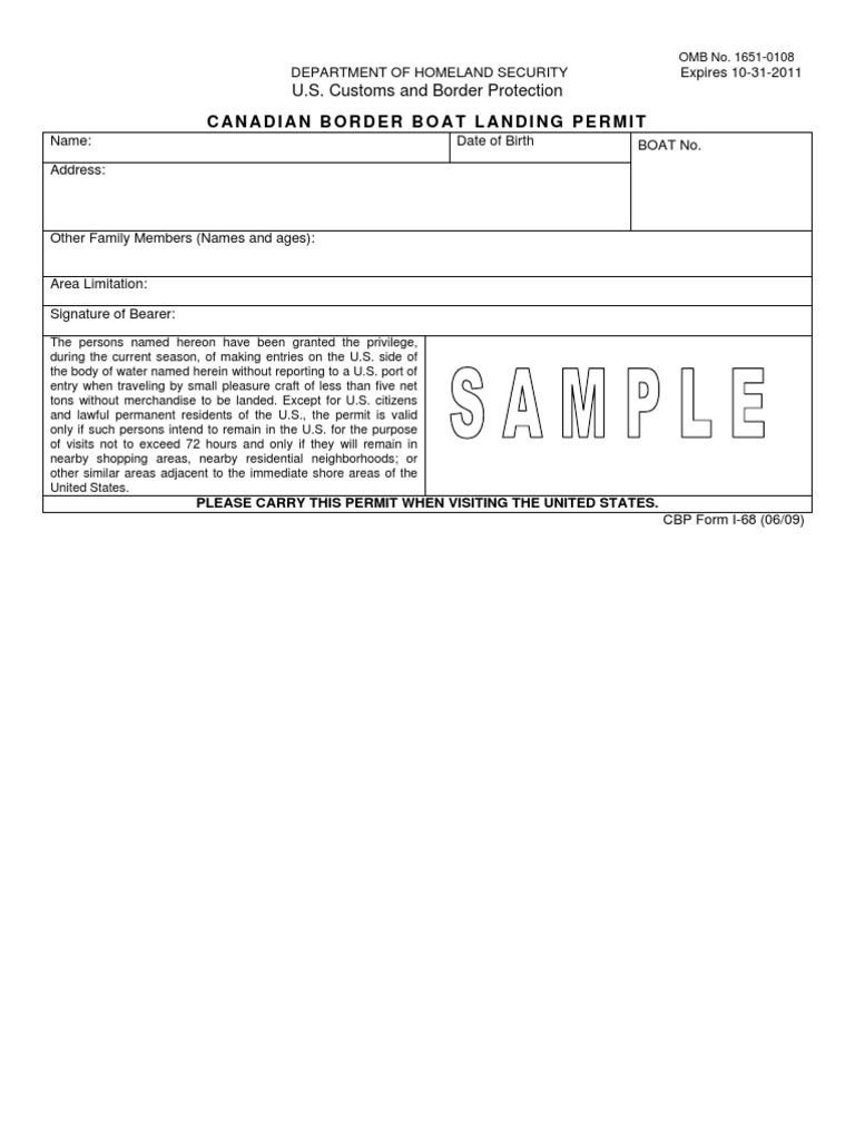 U.S. Customs Form: CBP Form I-68 - Sample Form For Reference | PDF | U ...