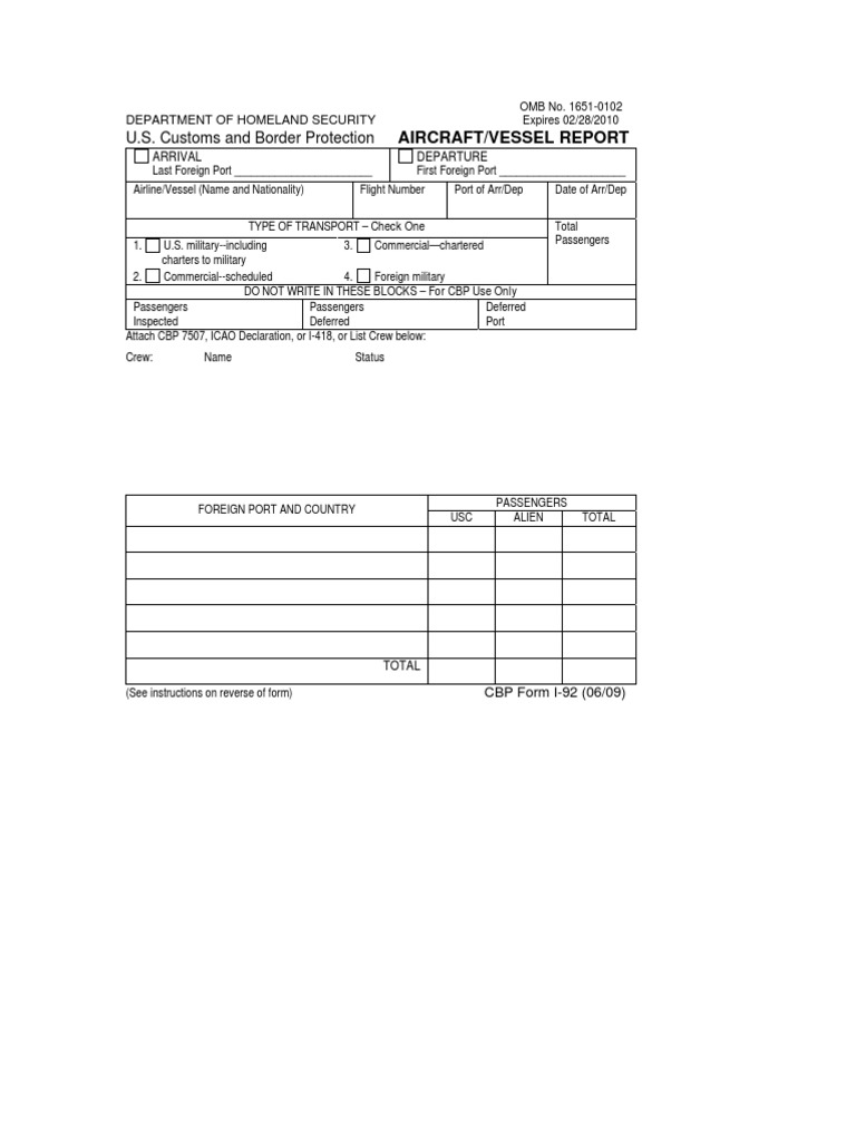 CBP Form I-92 Aircraft/Vessel Report | PDF | U.S. Customs And Border ...