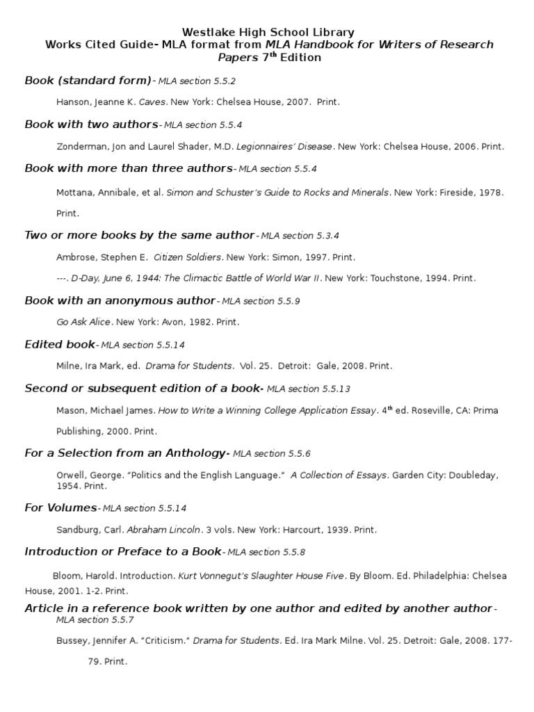 Westlake High School Library Works Cited Guide-MLA Format From MLA ...