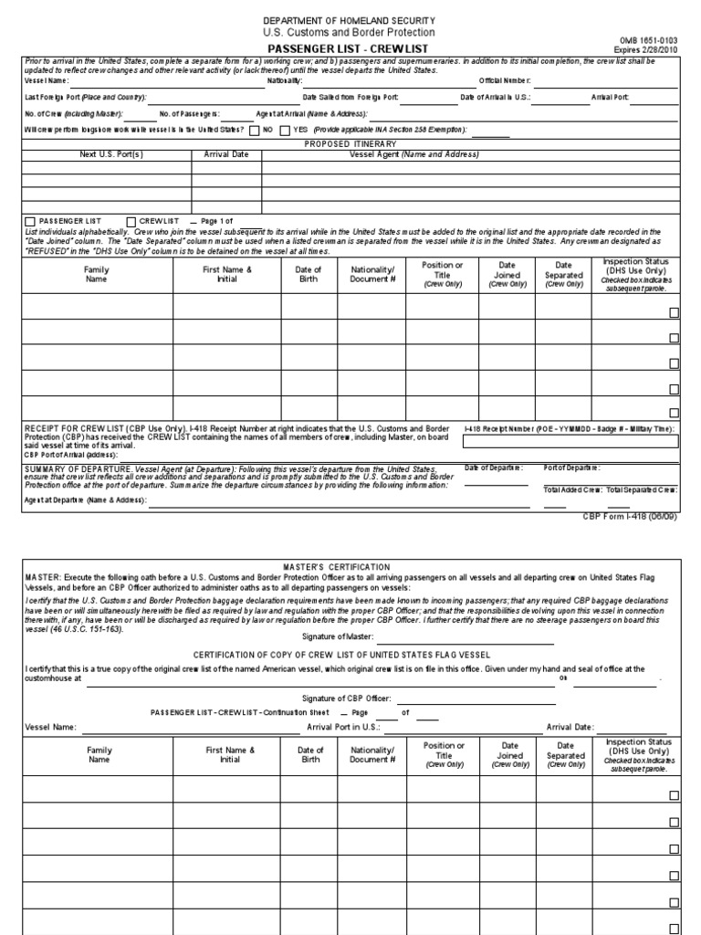 U.S. Customs Form: CBP Form I-418 - Passenger List – Crew List | U.S ...