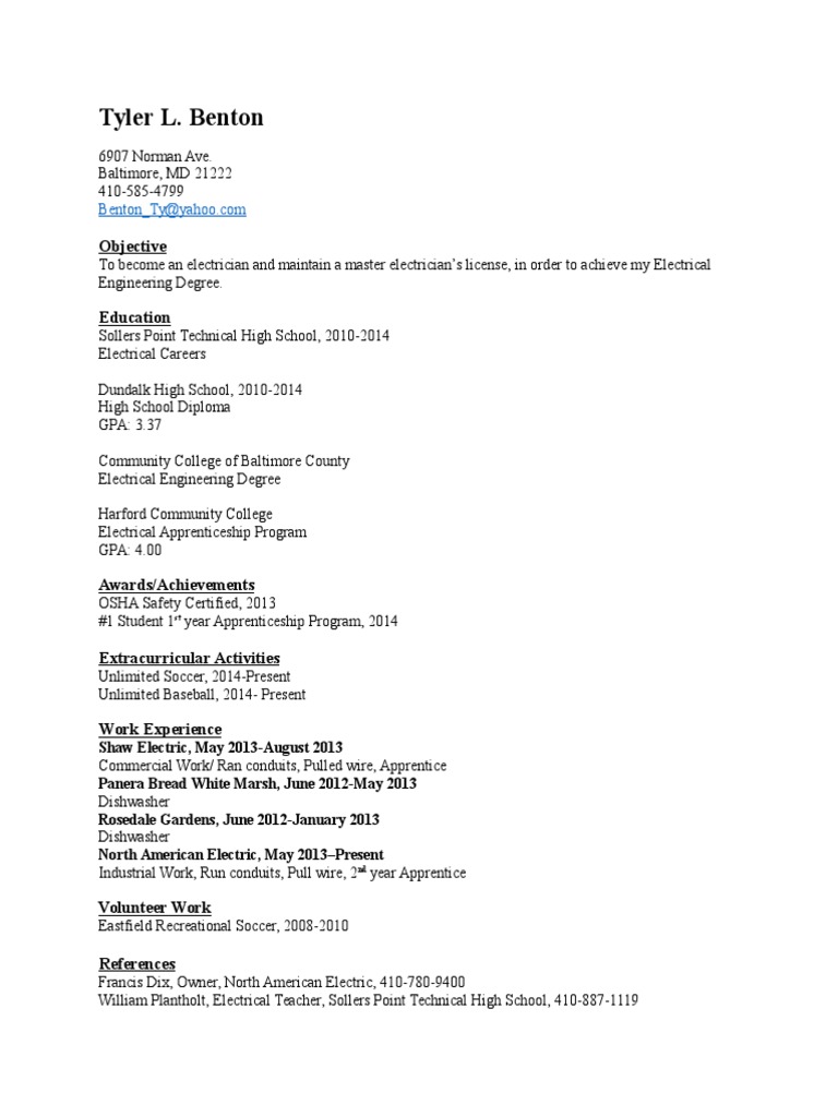 Tyler Benton - Aspiring Electrician Resume | PDF