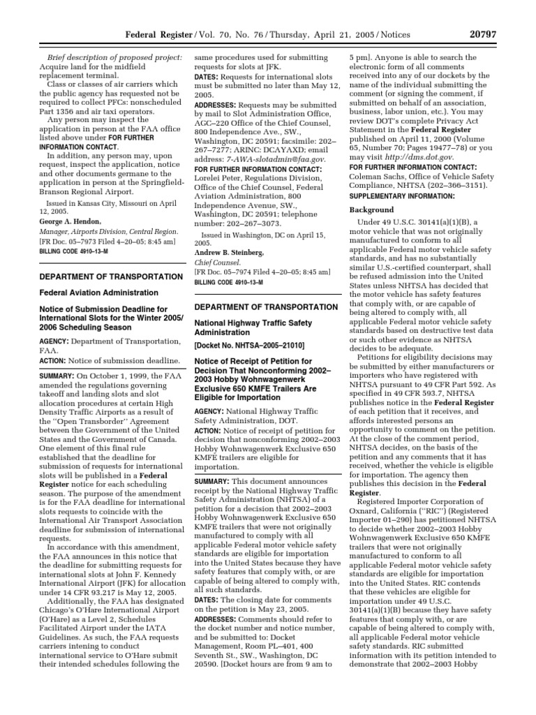 Notice: Motor Vehicle Safety Standards: Nonconforming Vehicles ...
